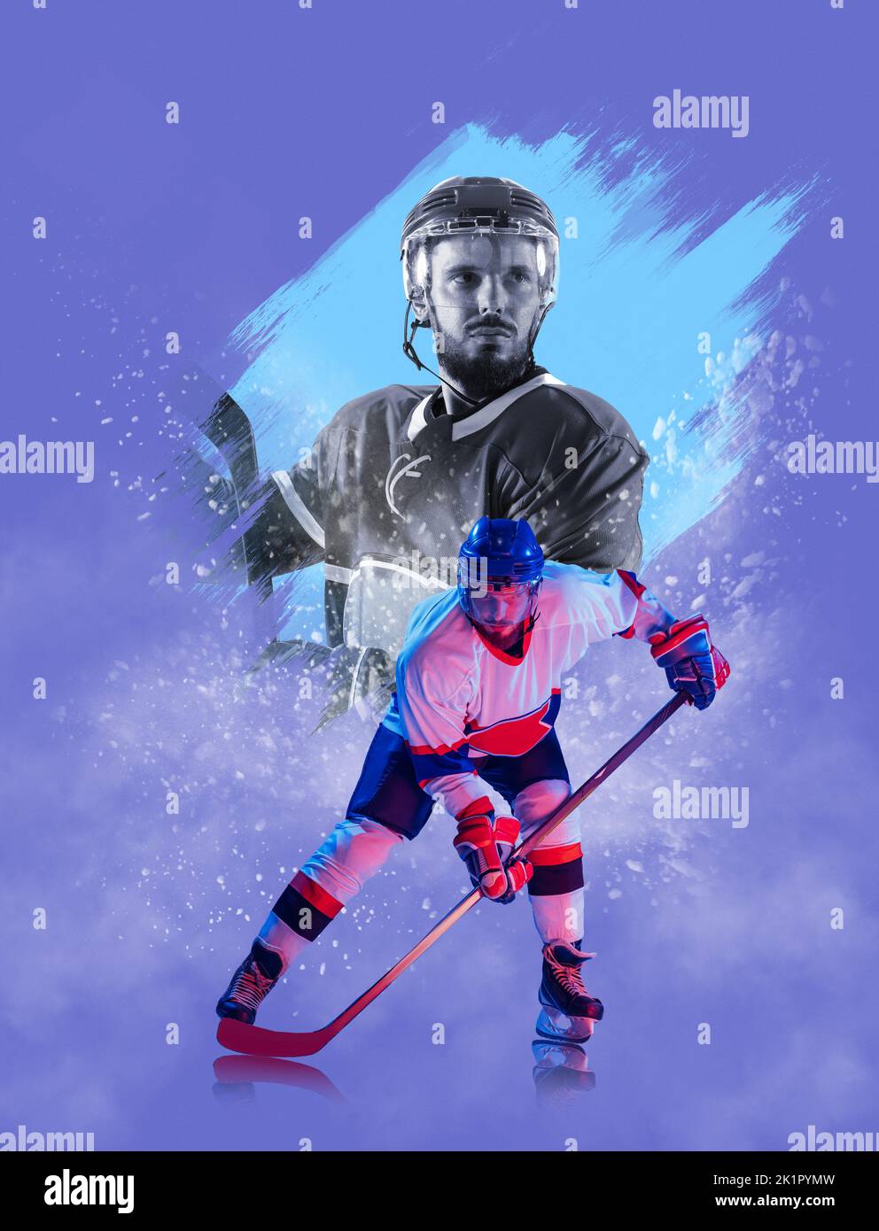 Poster with portrait of professional hockey player in sports uniform ...