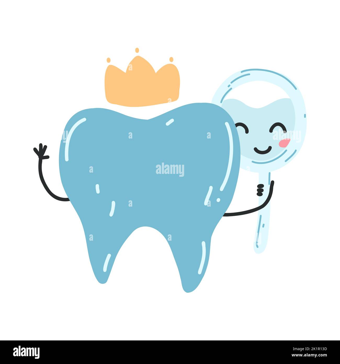 Hand drawn kawaii tooth character looks in the mirror. Vector ...