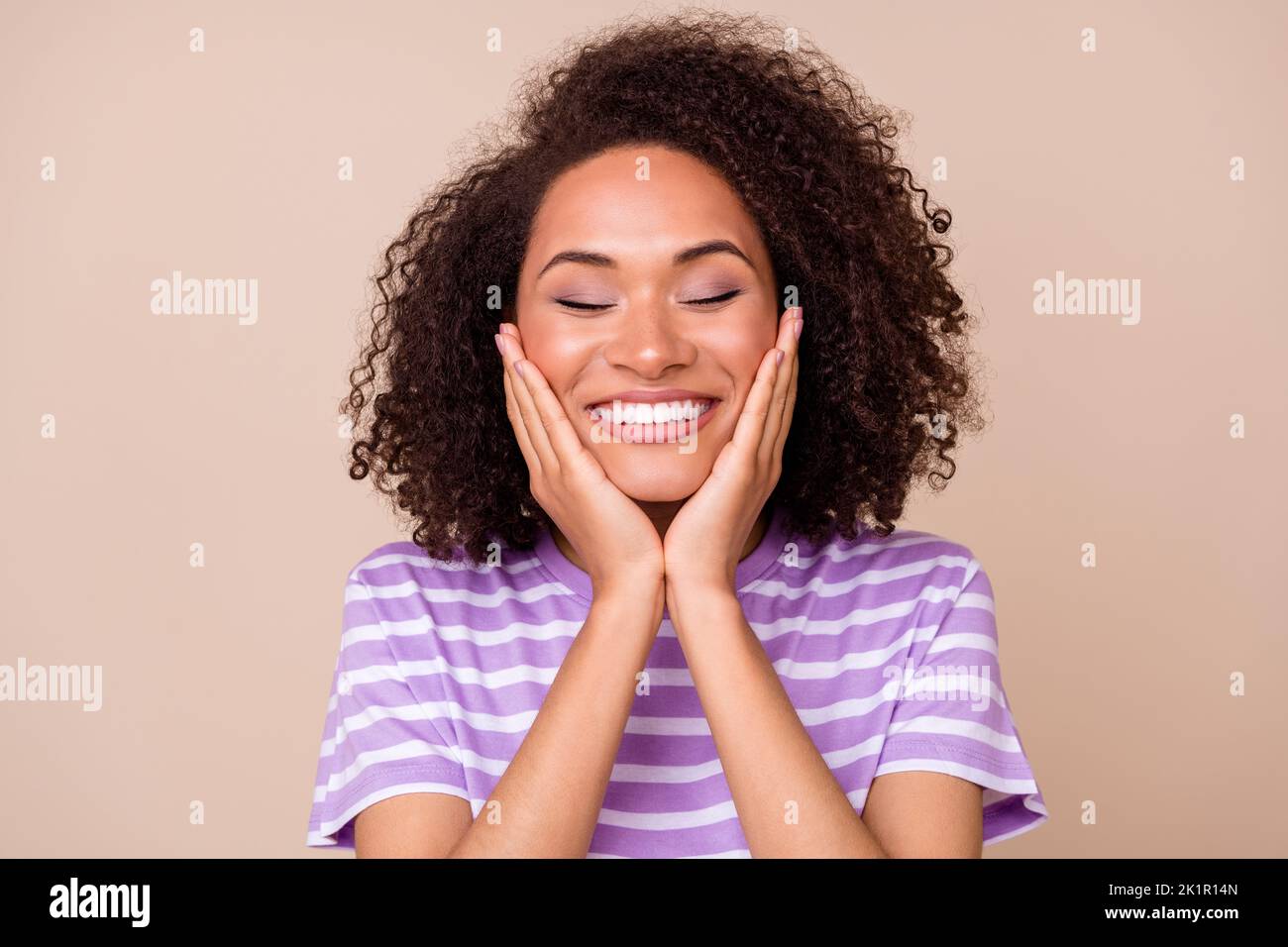 Closeup photo of young adorable cute nice woman wear striped t-shirt ...
