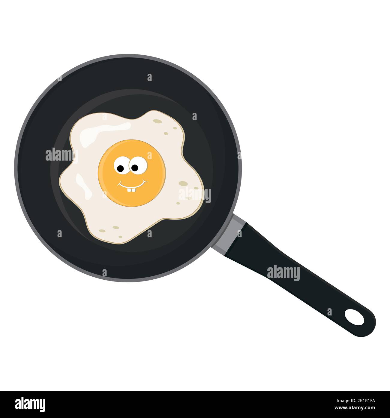 Fried egg character with kawaii eyes in a frying pan, black outline ...