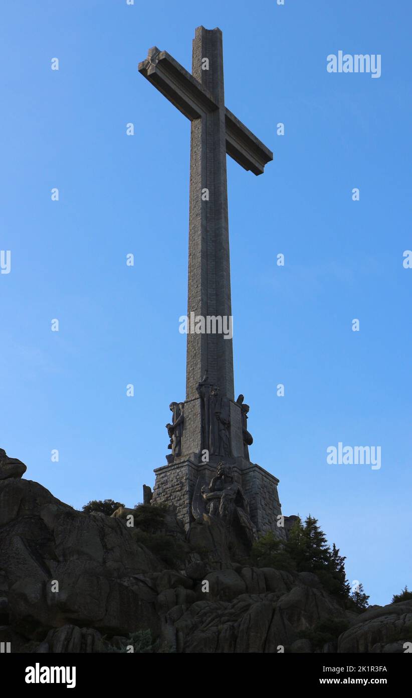 Valle de Los Caidos (Valley of the fallen) Giant stone cross in strong ...
