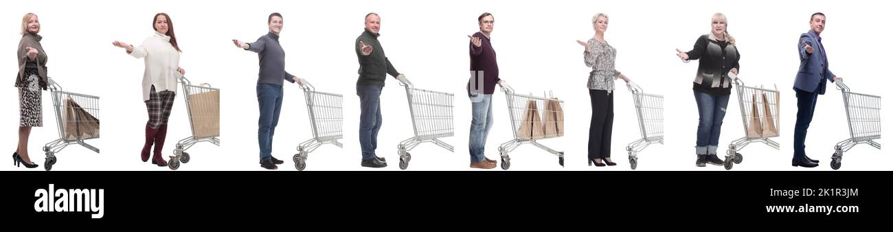 group of people with shopping cart on white Stock Photo - Alamy