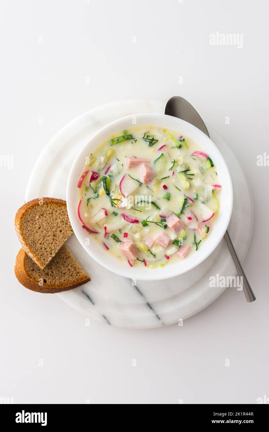 Cold soup Okroshka, soup with fresh vegetables and kefir, delicious ...