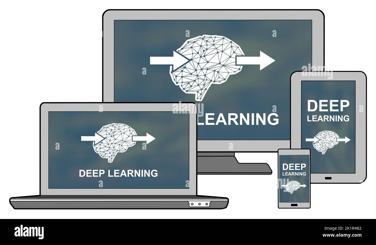 Deep learning concept shown on different information technology devices ...