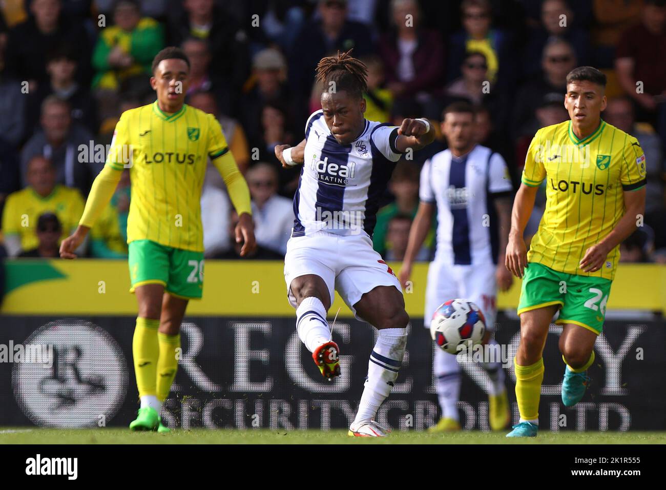 Brandon Thomas-Asante of West Bromwich Albion shoots at goal - Norwich ...