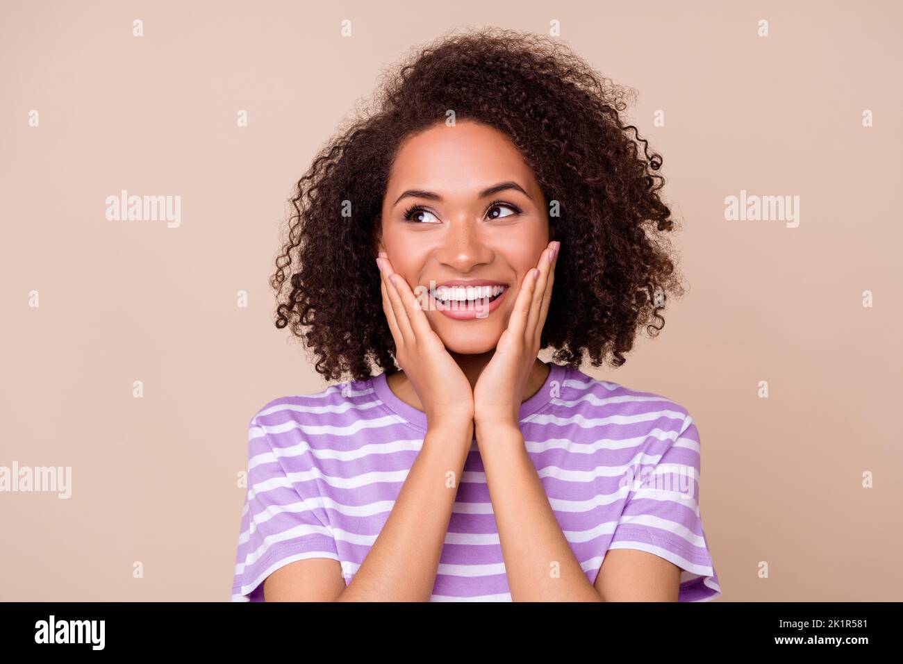 Closeup photo of young adorable pretty nice woman touch cheeks look ...