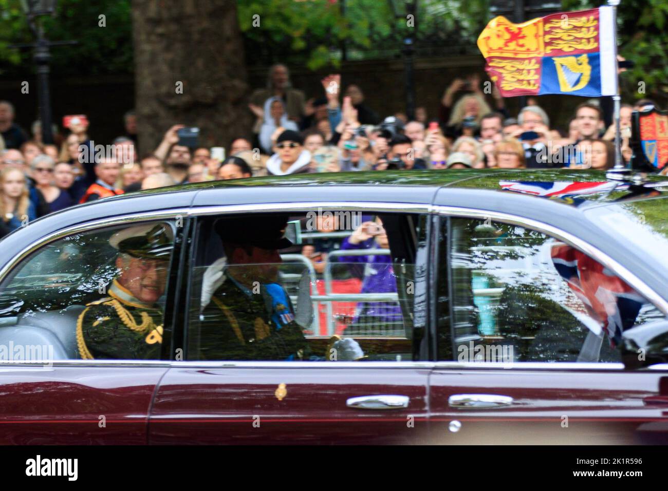 London, UK. 19th Sep, 2022. Limousine with King Charles III (L) and ...
