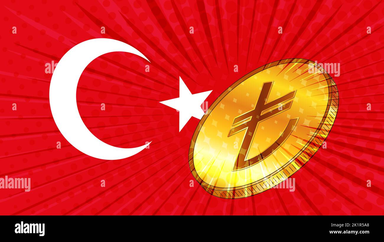 Turkish flag and golden coin with sign currency Turkish lira TRY. CBDC ...