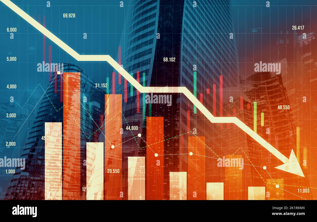 Economic crisis concept shown by declining graphs and digital ...