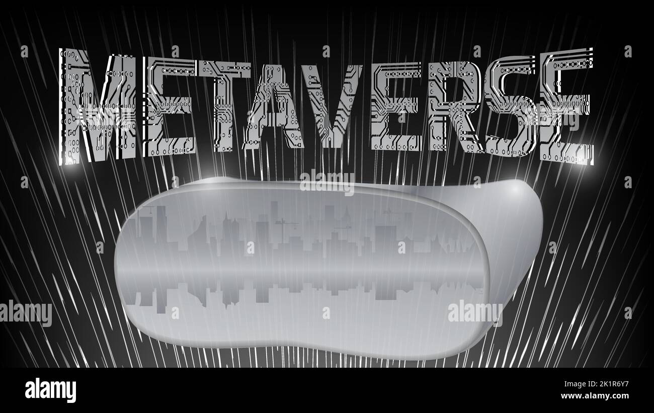 Virtual reality glasses with futuristic city inside and concave word ...