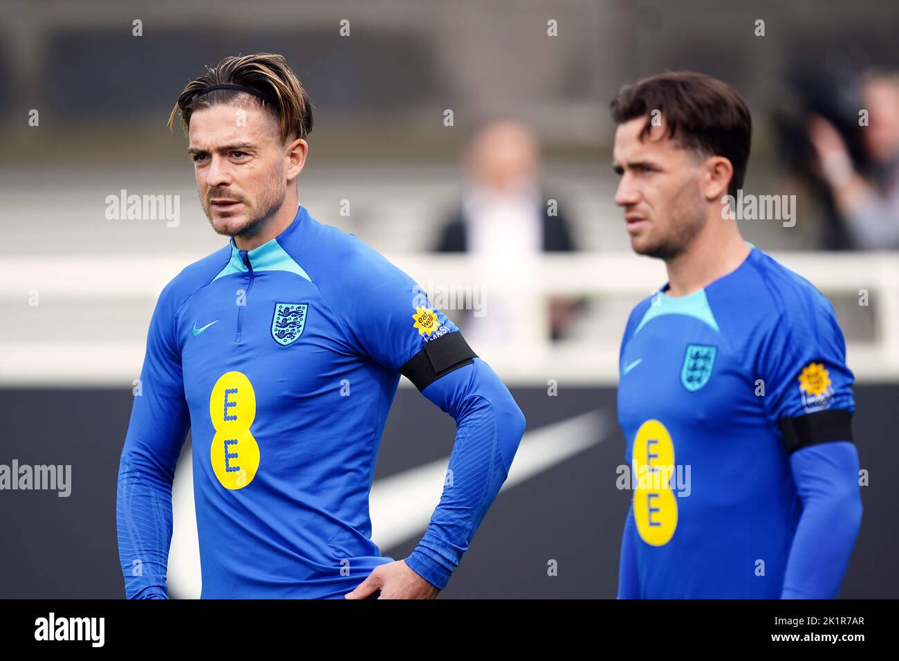 England's Jack Grealish and Ben Chilwell (right) during a training ...