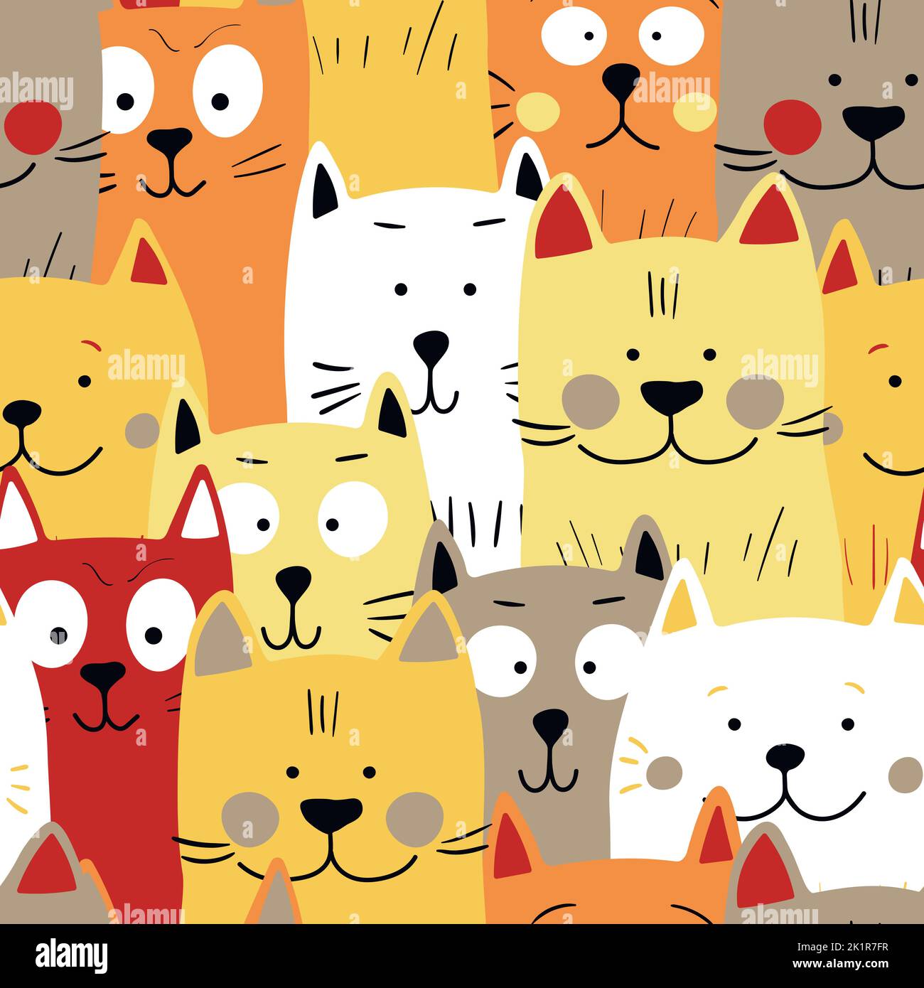 Seamless pattern with cute kitten print. Different scandy cats on color ...