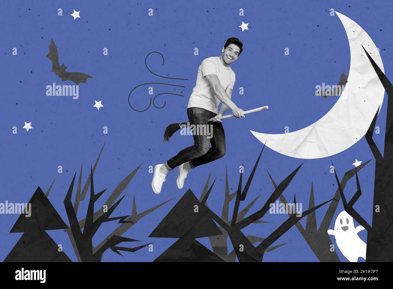 Photo artwork minimal picture of funky funny guy flying broomstick ...