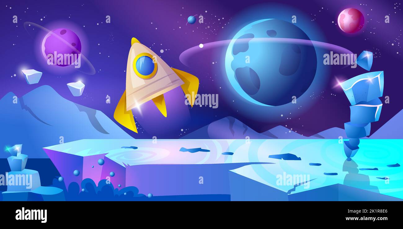 Alien planet landscape for space game background. Dark sky with blue ...