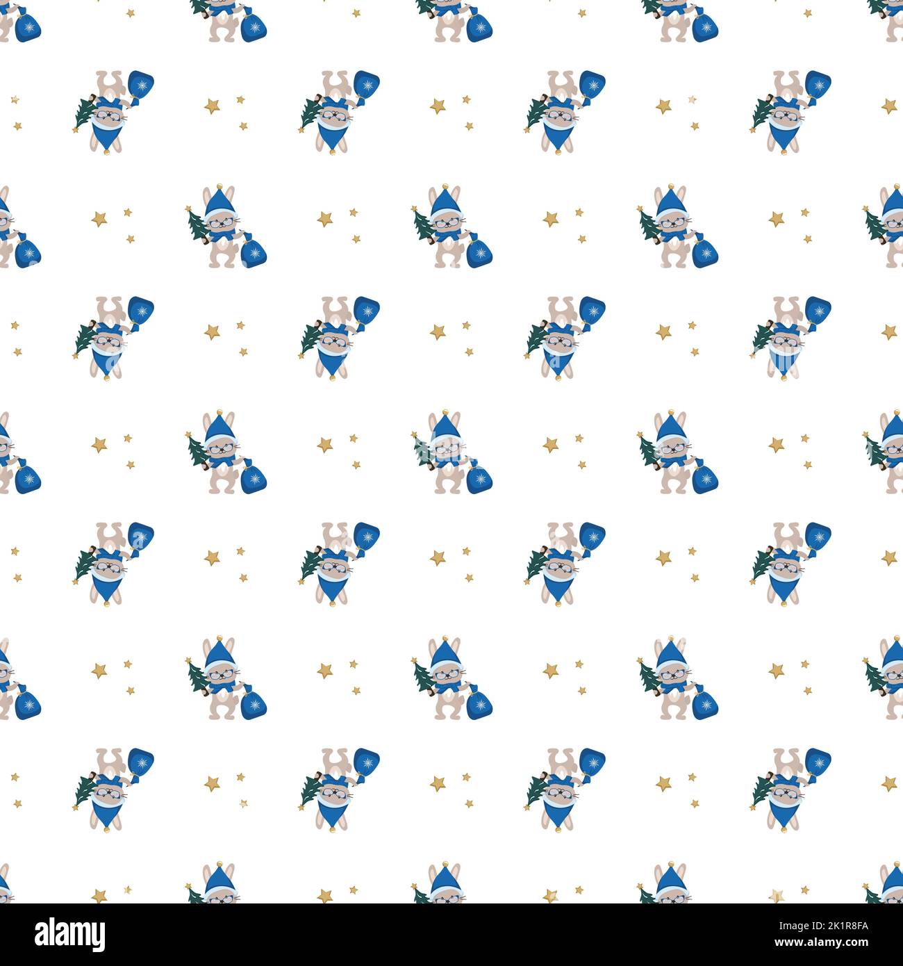 Seamless pattern with cute rabbit or hare in Santa hat with bag of ...