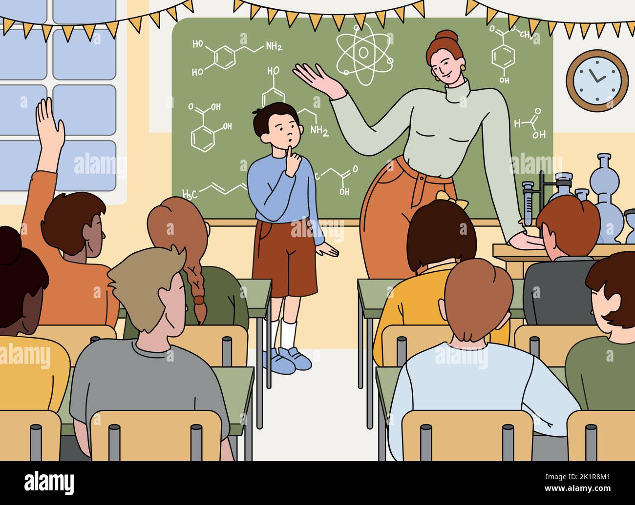 Flat chemistry teacher and pupil boy stand at chalkboard in school ...