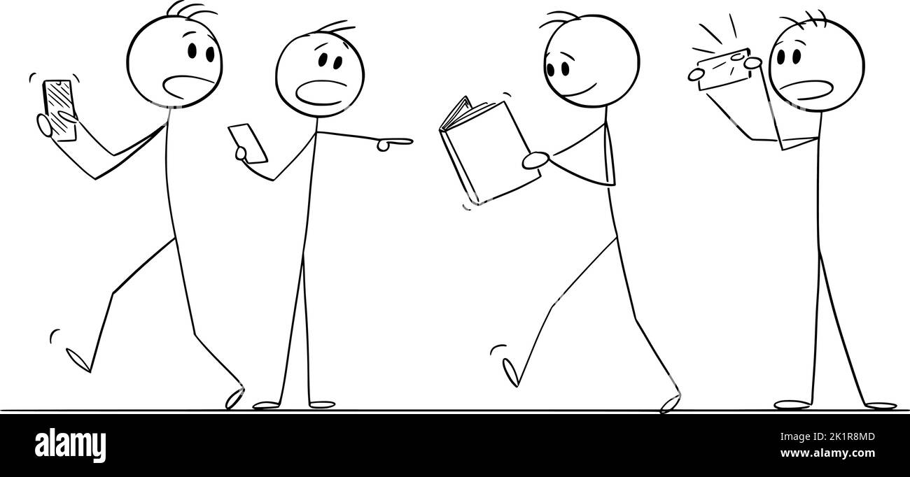 People with Mobile Phones Looking Shocked on Someone Reading Book ...