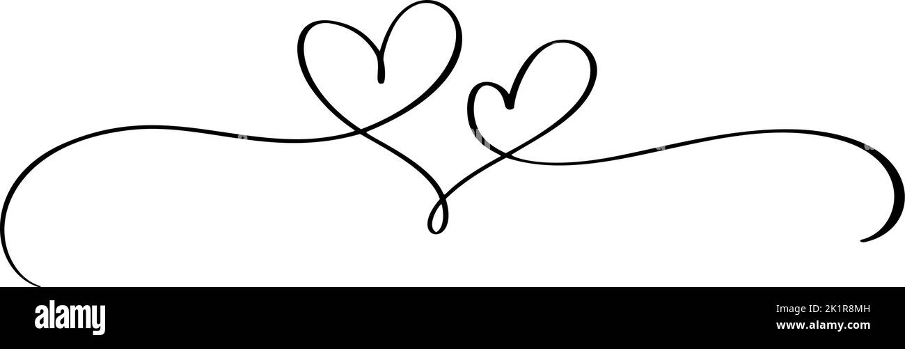 Flourish vintage vector divider Valentine Day hand drawn calligraphic two hearts. Calligraphy ...
