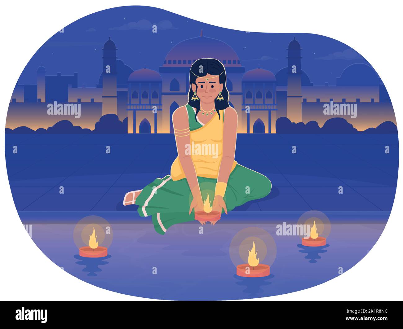 Diwali girl setting adrift diya on river 2D vector isolated ...