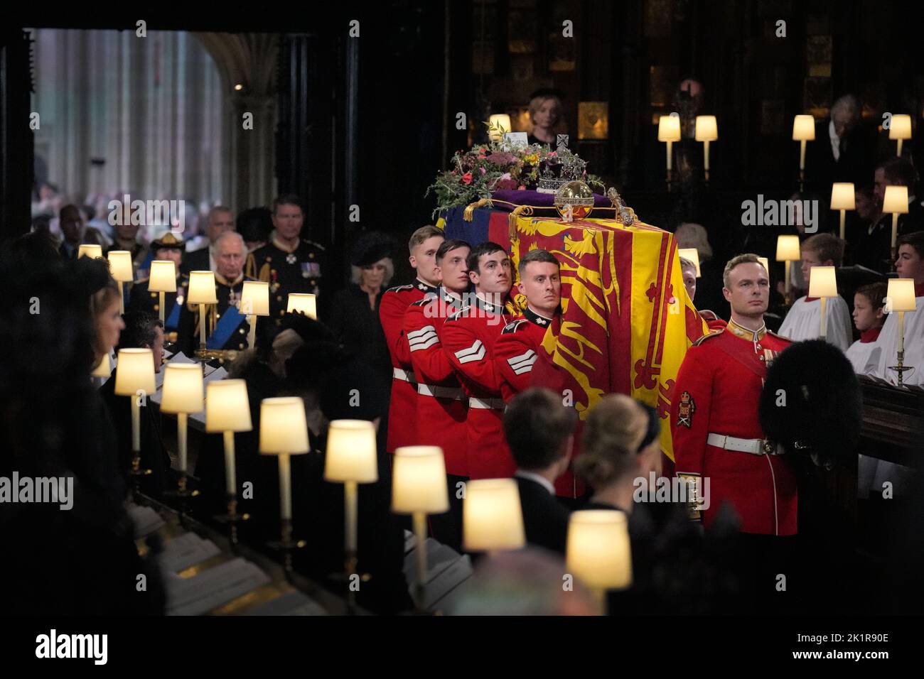The coffin of Queen Elizabeth II, followed by King Charles III and the ...