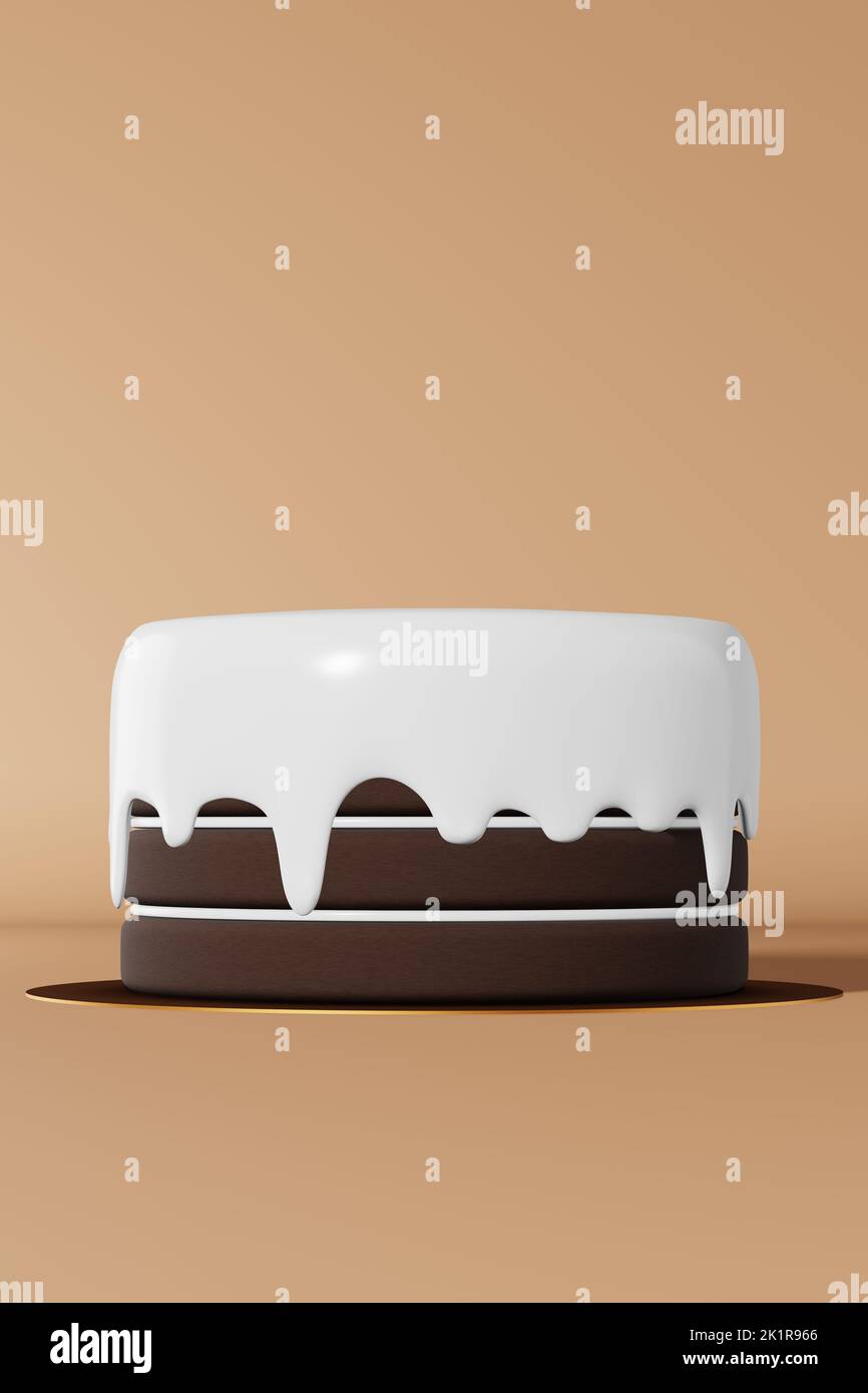 Chocolate cake clear white icing 3d rendering pastel beige background ...