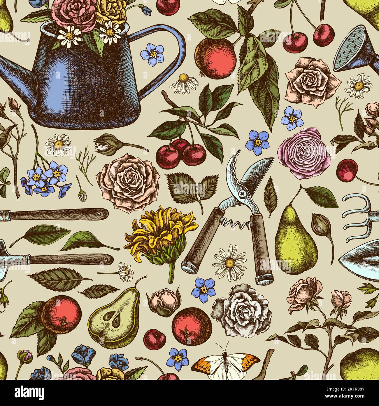 Gardening seamless pattern background design. Engraved style. Hand ...