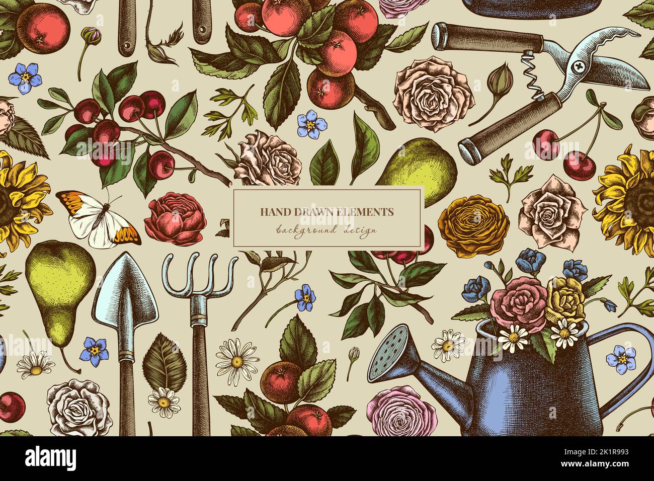 Gardening seamless pattern background design. Engraved style. Hand ...