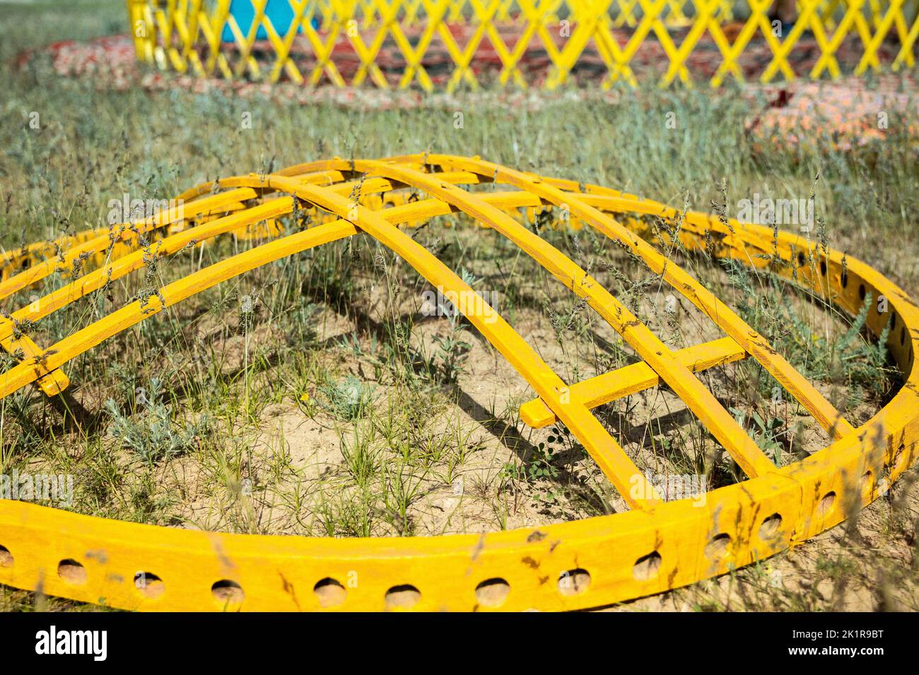 Shanyrak or shangyrak, wooden details of the Asian turkic yurt lie on ...