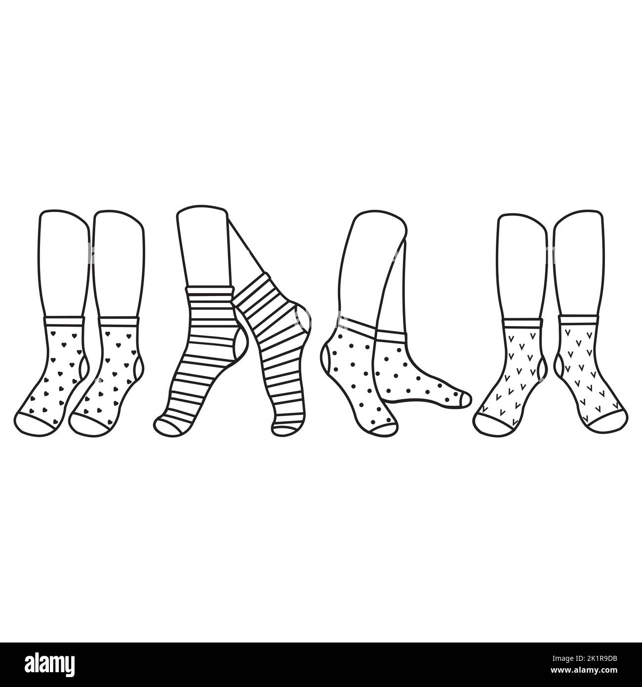 Warm socks on the feet with a pattern, black outline, vector ...