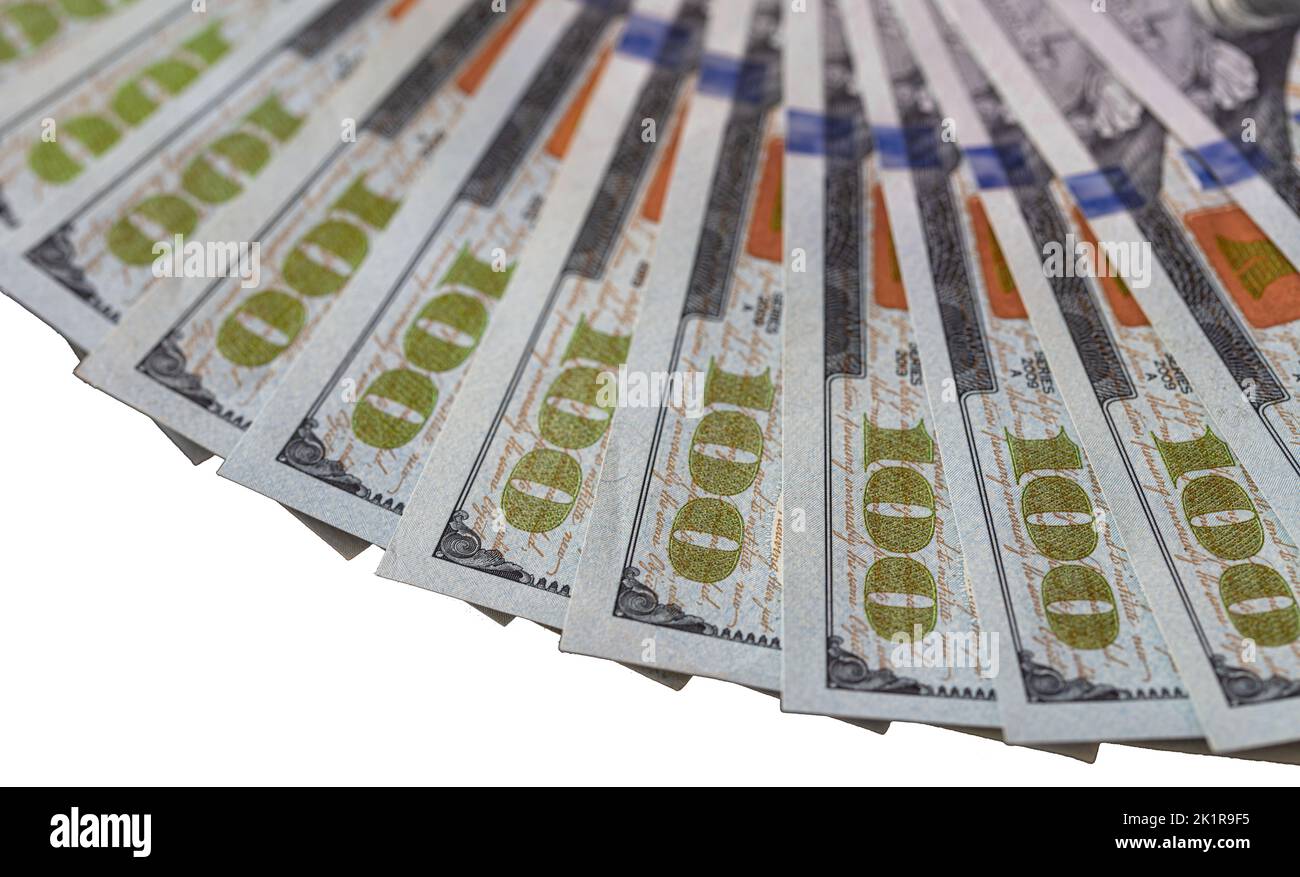 Fan of 100 US dollar banknotes on transparent background or design ...