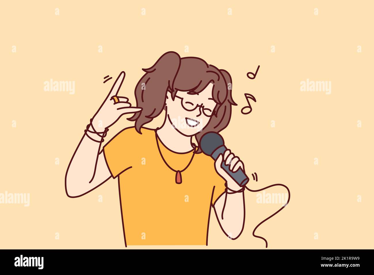 Happy girl have fun singing in microphone in karaoke. Smiling child ...