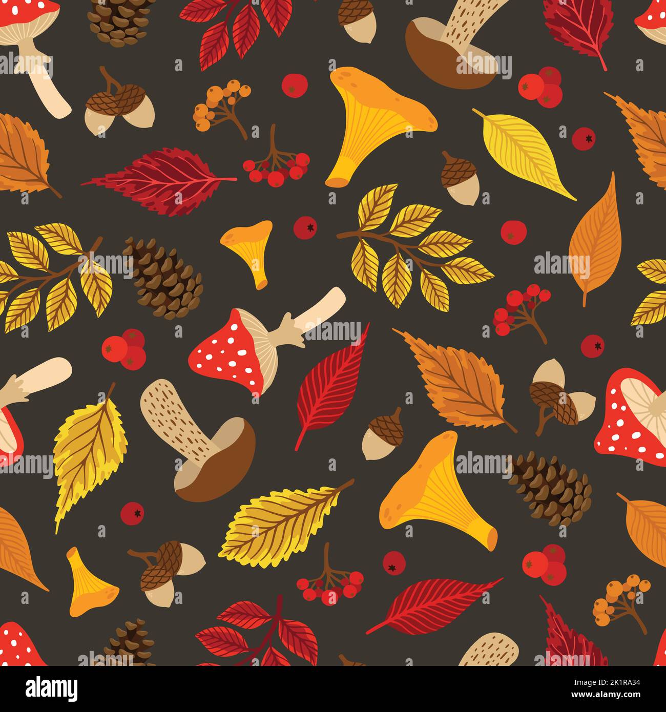 Vector colorful autumn seamless pattern with fall leaves, cone and ...