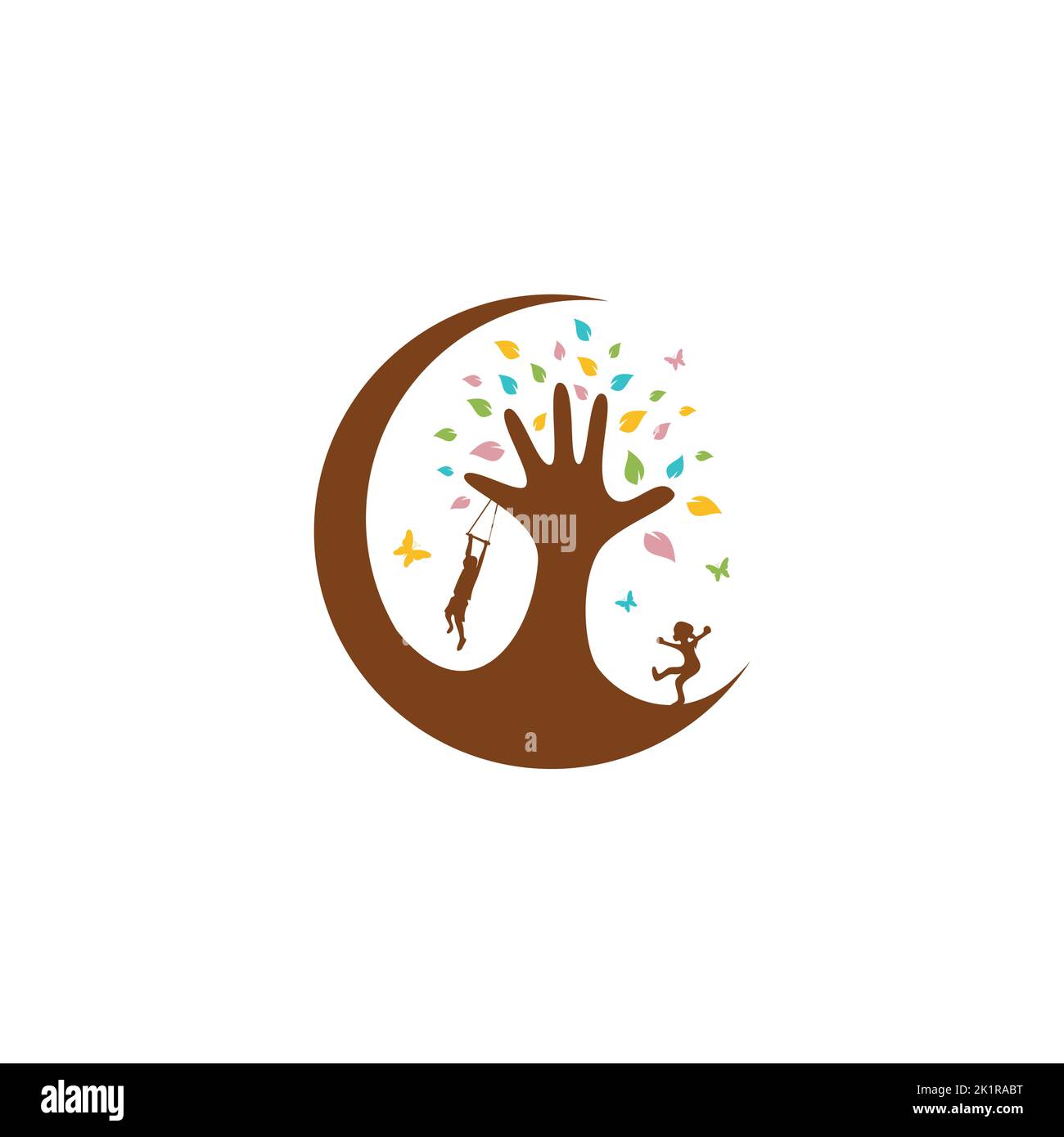 Hand tree with cildren playing and colorful leaf. Vector illustration ...