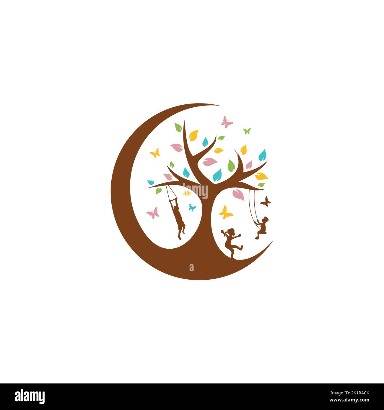 Abstract tree with cildren playing and colorful leaf. Vector ...