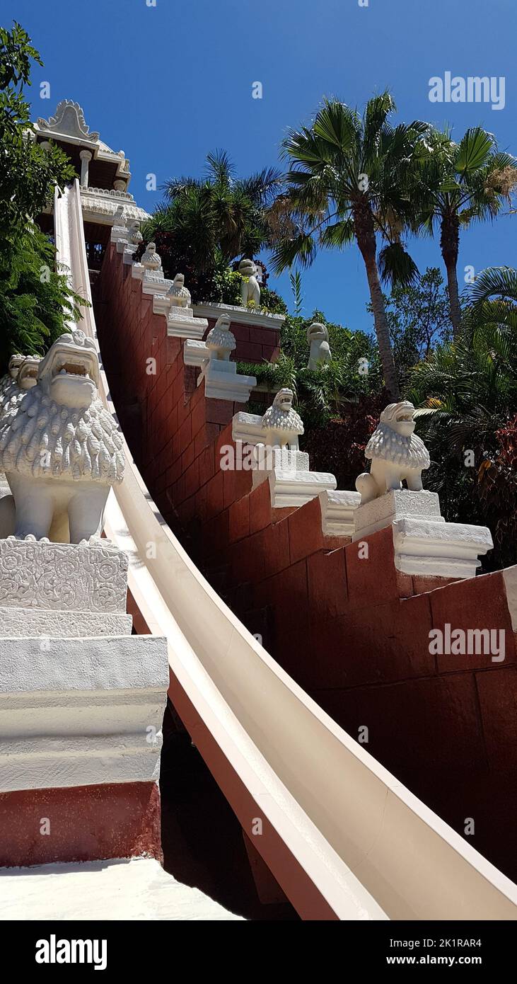 A vertical shot of the Tower of Power water slide at Siam Park in Costa ...