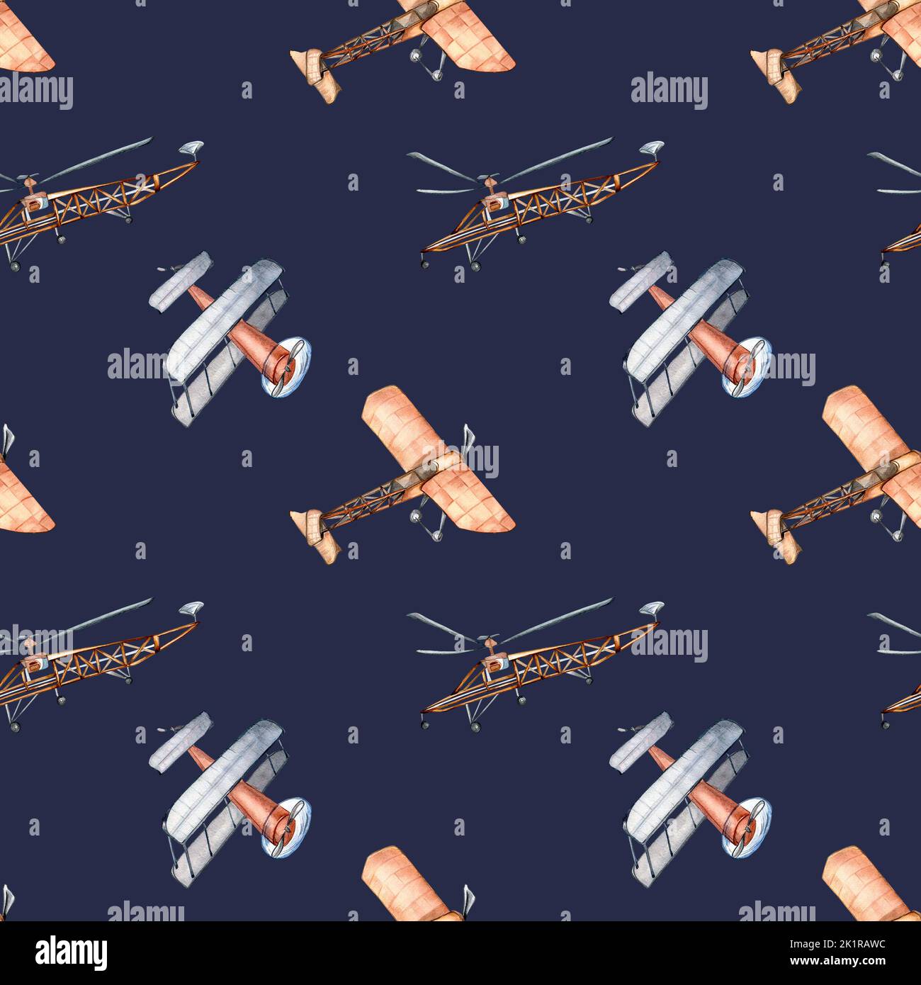 Retro air planes vintage style watercolor illustration seamless pattern ...