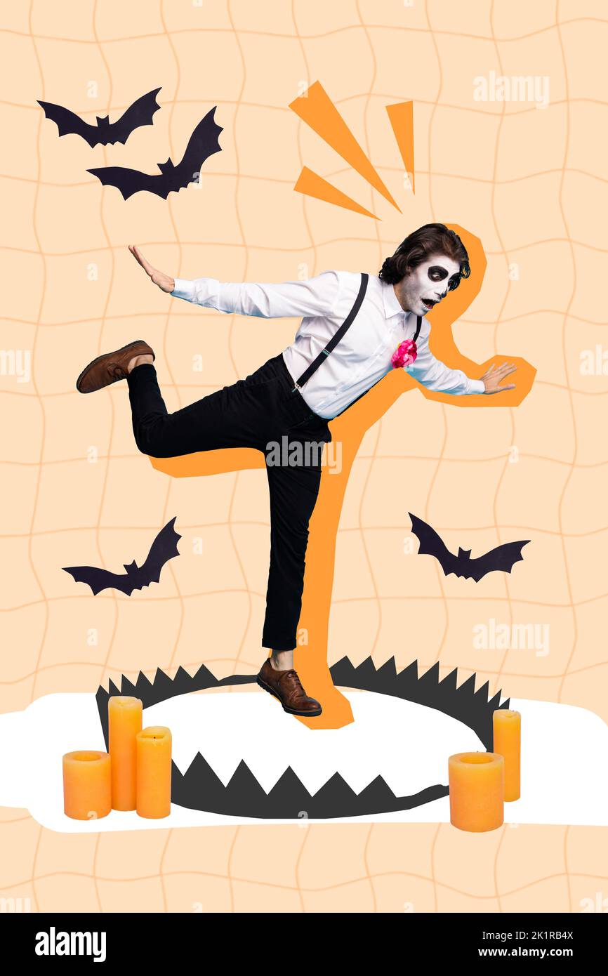 Photo Cartoon Comics Sketch Collage Of Afraid Man Clown Costume Celebrate Halloween Falling Big