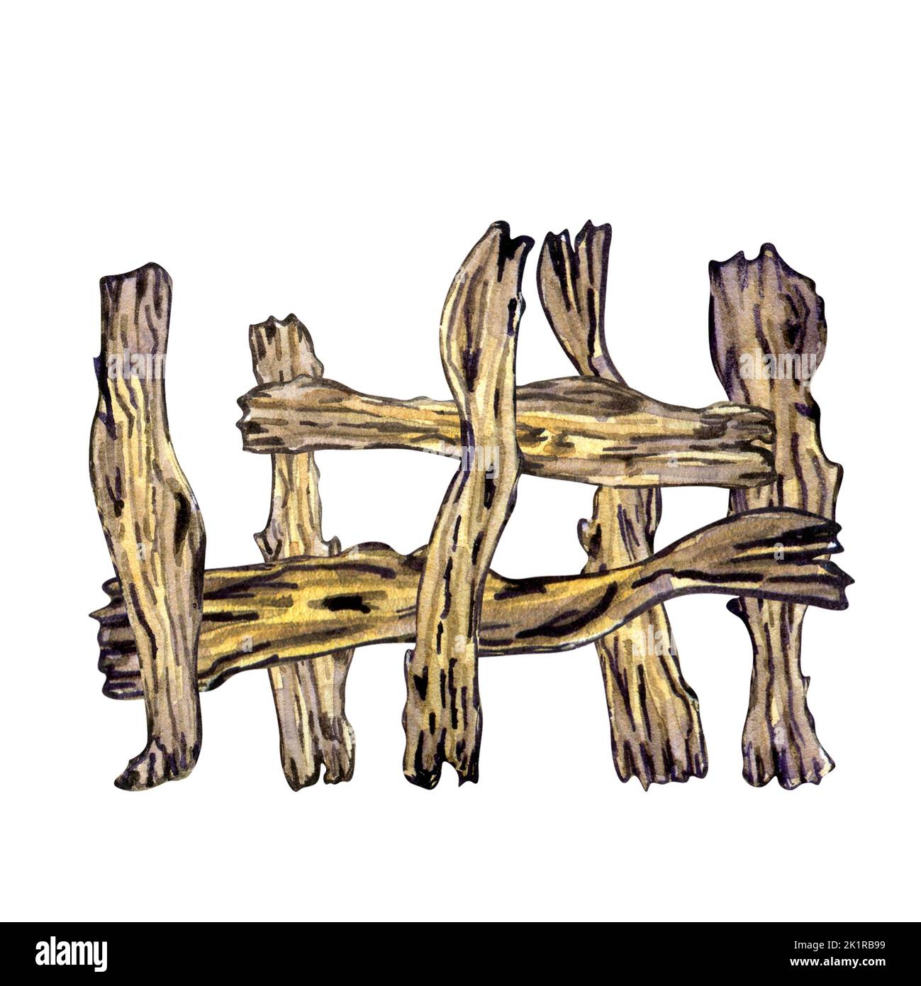 Old wooden fence, tree bark watercolor illustration isolated on white ...
