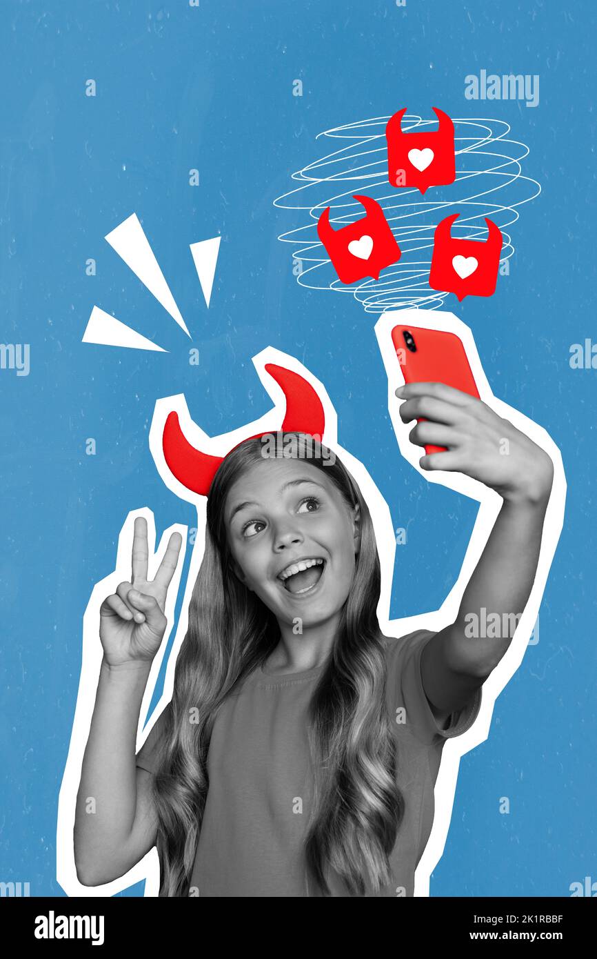 Creative 3d collage artwork poster of attractive girl make video show two fingers peace victory ...