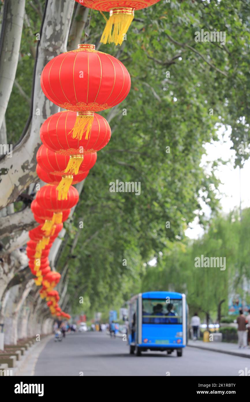 NANJING, CHINA - SEPTEMBER 20, 2022 - Red lanterns are hung at Xuanwu Lake Park to welcome the ...