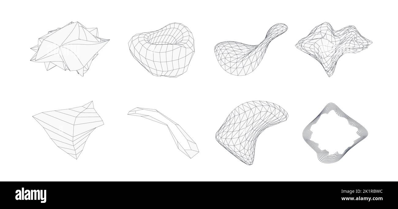 3d geometric shapes set. Wireframe vector figures. Graphic line obgects ...