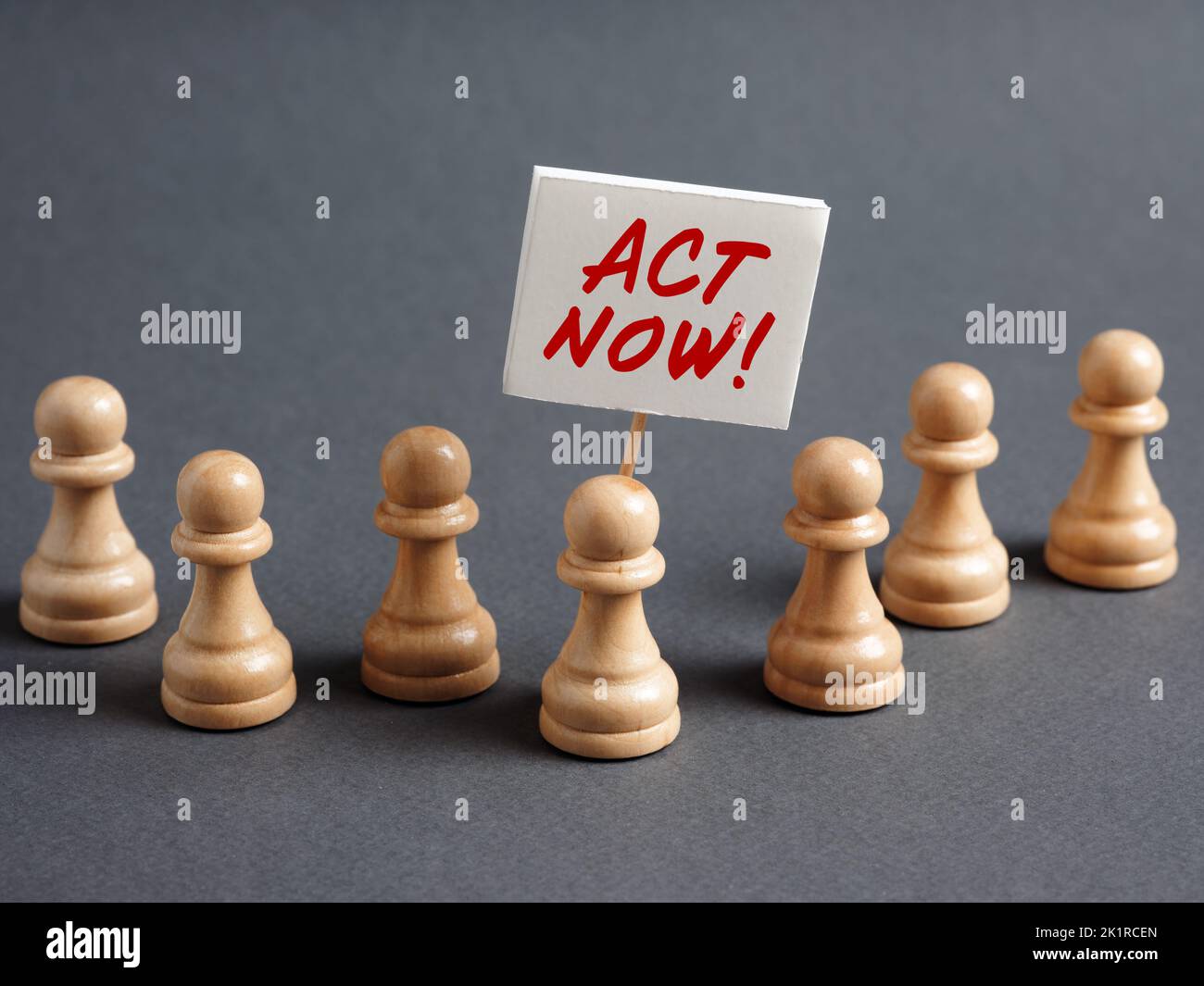 Chess pawn protester holding a sign banner with the message ACT NOW ...