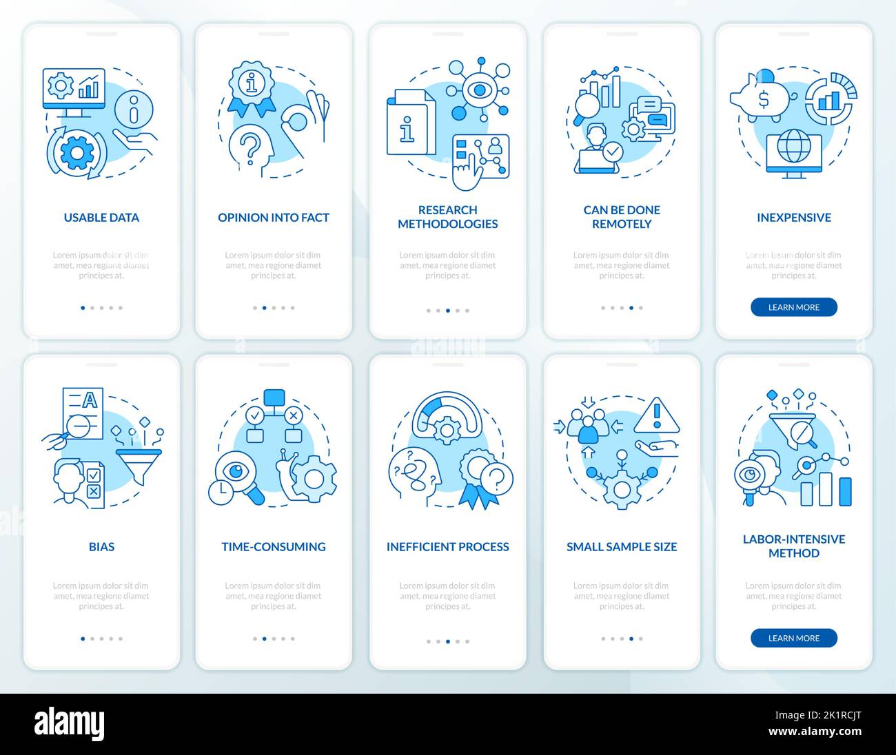 Pros and cons of case study blue onboarding mobile app screen set Stock ...