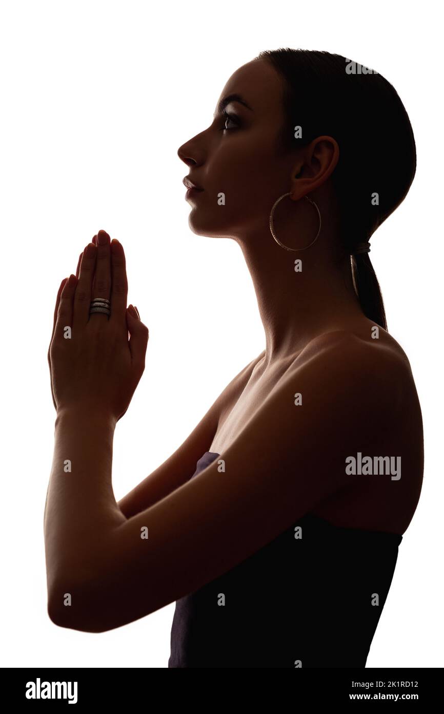 Prayer silhouette. Spiritual faith. Confession forgiveness. Dark ...