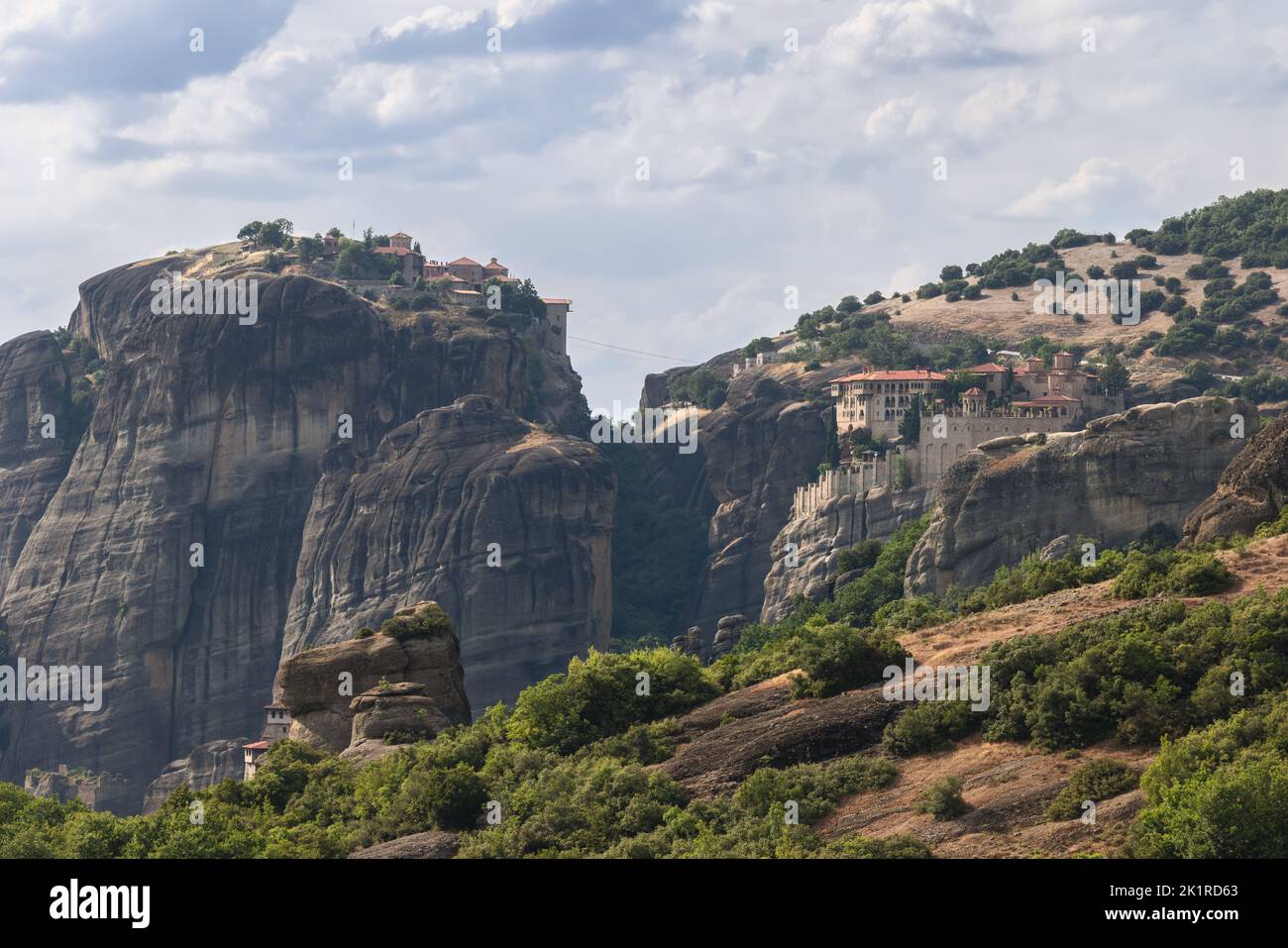 View of Meteora cliffs and famous floating monasteries. Greece Stock ...