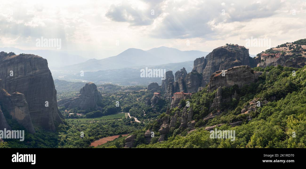 Aerial panoramic view over spectacular Thessaly plain landscape and ...