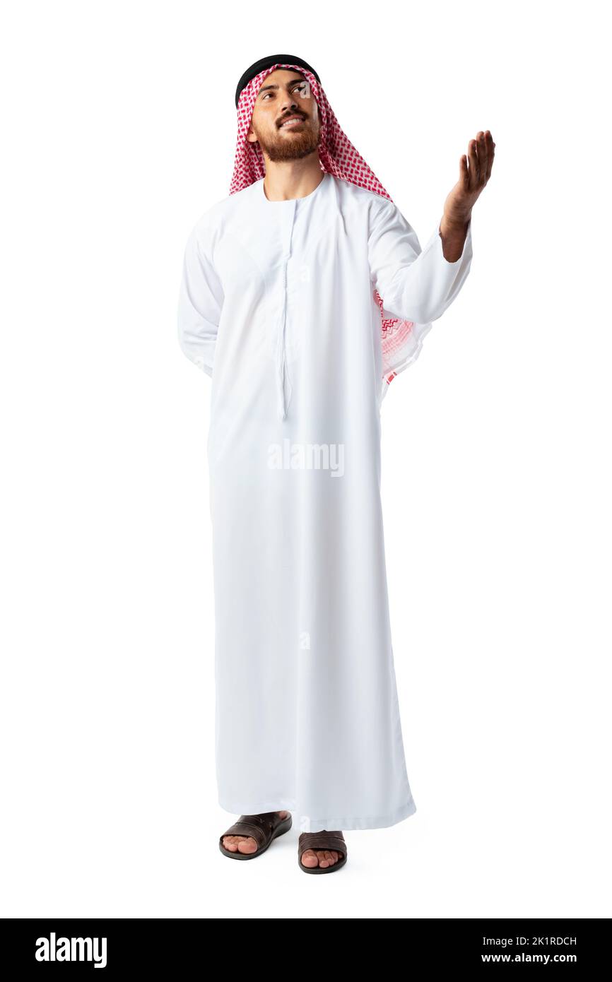 Young Arab man pointing hand isolated on white background Stock Photo ...