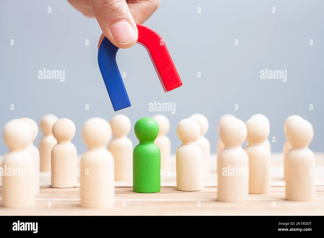 Business man hand holding magnet and pulling man wooden figure from the ...