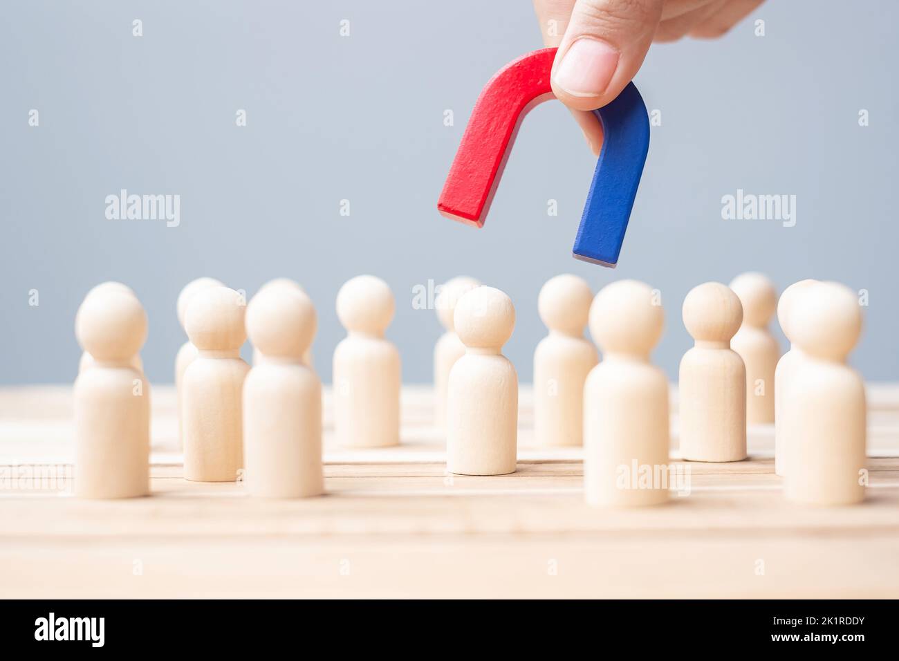 Business man hand holding magnet and pulling man wooden figure from the ...