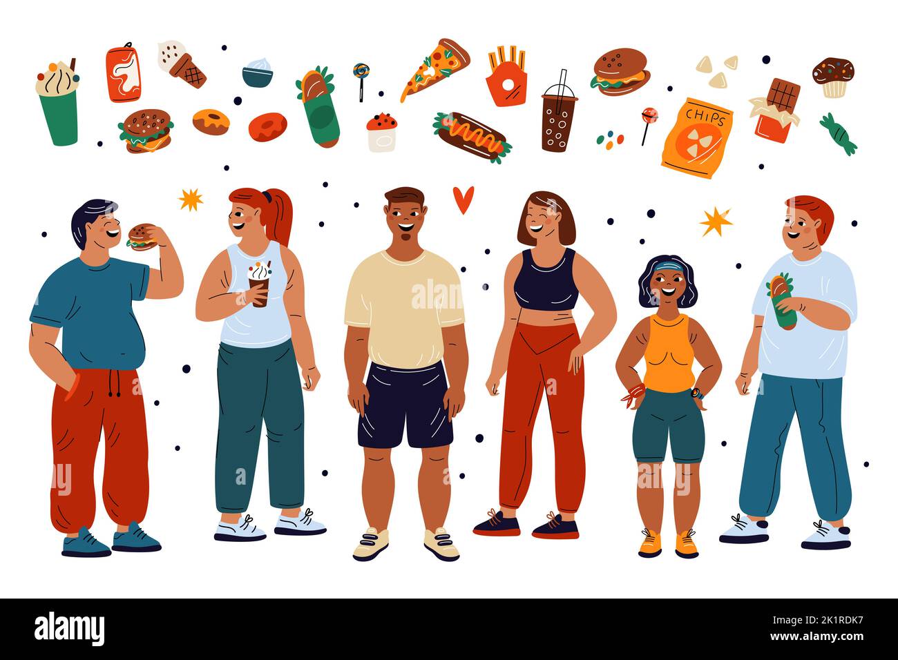 Cartoon fat people. Positive characters with fast food. Male and female ...